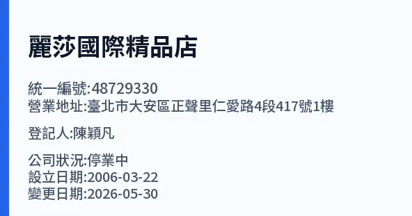 麗莎國際精品店的照片-統編 48729330(臺北市) 公司登記資料與營業項目詳細圖表