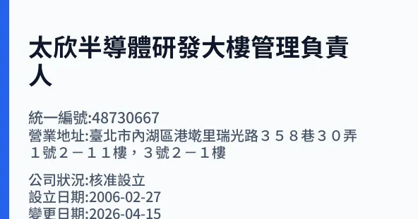 太欣半導體研發大樓管理負責人的照片-統編 48730667(臺北市) 公司登記資料與營業項目詳細圖表