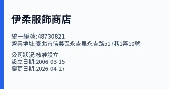 伊柔服飾商店的照片-統編 48730821(臺北市) 公司登記資料與營業項目詳細圖表