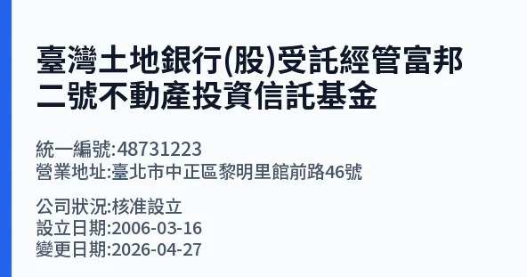 臺灣土地銀行(股)受託經管富邦二號不動產投資信託基金的照片-統編 48731223(臺北市) 公司登記資料與營業項目詳細圖表