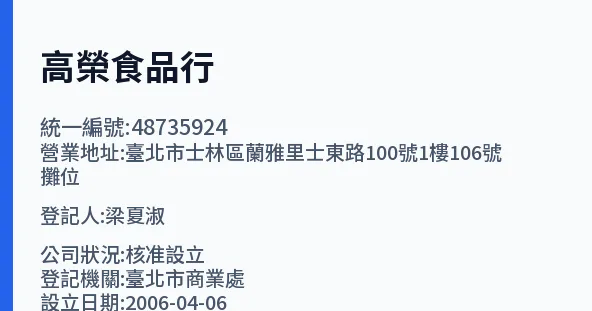 高榮食品行的照片-統編 48735924(臺北市) 公司登記資料與營業項目詳細圖表