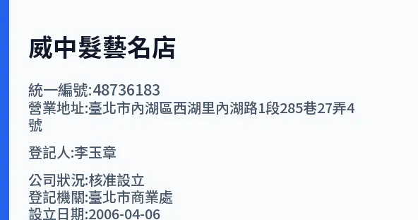 威中髮藝名店的照片-統編 48736183(臺北市) 公司登記資料與營業項目詳細圖表