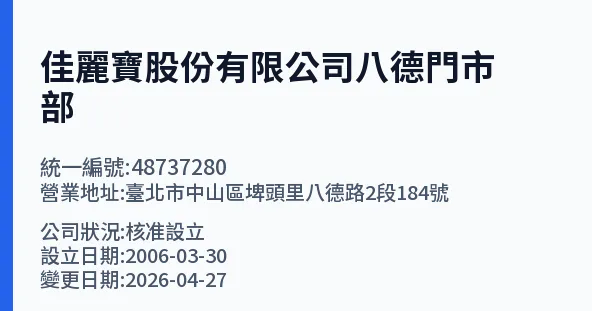 佳麗寶股份有限公司八德門市部的照片-統編 48737280(臺北市) 公司登記資料與營業項目詳細圖表