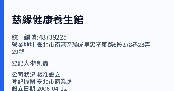 慈緣健康養生館的照片-統編 48739225(臺北市) 公司登記資料與營業項目詳細圖表