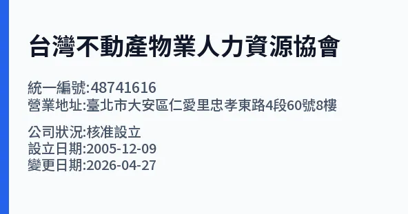 台灣不動產物業人力資源協會的照片-統編 48741616(臺北市) 公司登記資料與營業項目詳細圖表