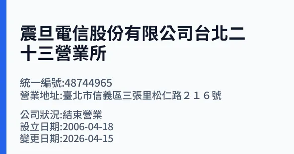 震旦電信股份有限公司台北二十三營業所的照片-統編 48744965(臺北市) 公司登記資料與營業項目詳細圖表