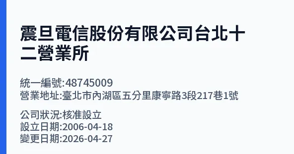 震旦電信股份有限公司台北十二營業所的照片-統編 48745009(臺北市) 公司登記資料與營業項目詳細圖表