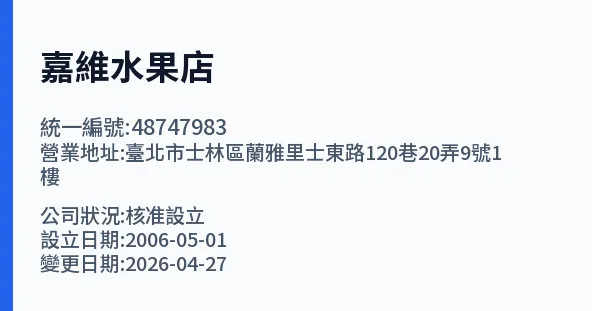 嘉維水果店的照片-統編 48747983(臺北市) 公司登記資料與營業項目詳細圖表