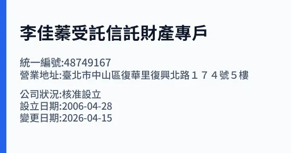 李佳蓁受託信託財產專戶的照片-統編 48749167(臺北市) 公司登記資料與營業項目詳細圖表