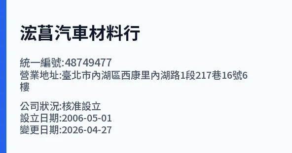 浤菖汽車材料行的照片-統編 48749477(臺北市) 公司登記資料與營業項目詳細圖表