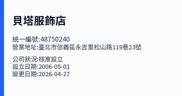 貝塔服飾店的照片-統編 48750240(臺北市) 公司登記資料與營業項目詳細圖表