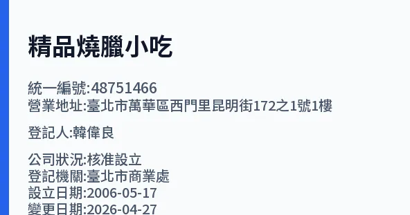 精品燒臘小吃的照片-統編 48751466(臺北市) 公司登記資料與營業項目詳細圖表