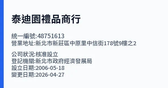 泰迪園禮品商行的照片-統編 48751613(新北市) 公司登記資料與營業項目詳細圖表