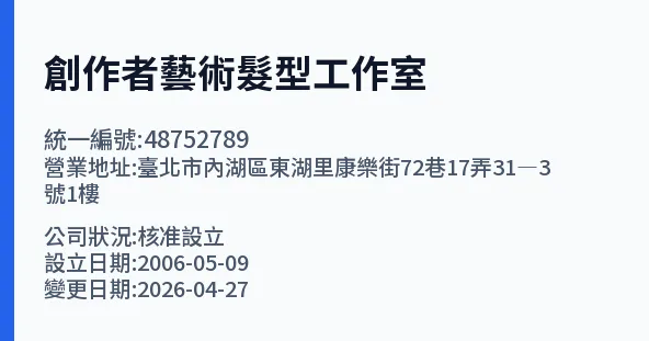 創作者藝術髮型工作室的照片-統編 48752789(臺北市) 公司登記資料與營業項目詳細圖表