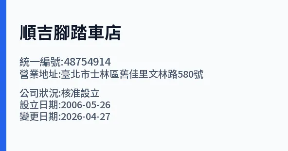 順吉腳踏車店的照片-統編 48754914(臺北市) 公司登記資料與營業項目詳細圖表