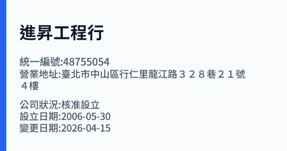 進昇工程行的照片-統編 48755054(臺北市) 公司登記資料與營業項目詳細圖表