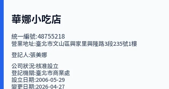 華娜小吃店的照片-統編 48755218(臺北市) 公司登記資料與營業項目詳細圖表