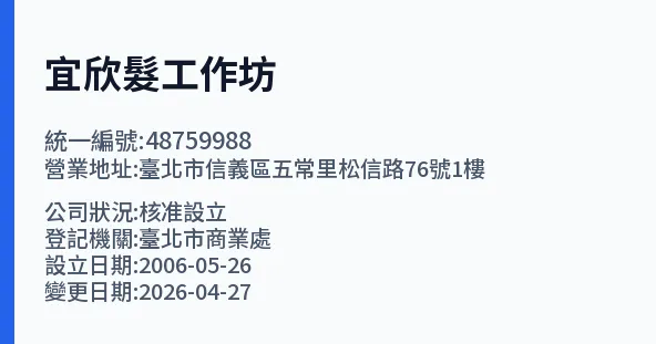 宜欣髮工作坊的照片-統編 48759988(臺北市) 公司登記資料與營業項目詳細圖表