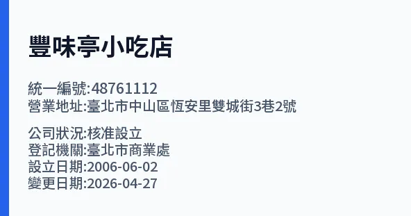 豐味亭小吃店的照片-統編 48761112(臺北市) 公司登記資料與營業項目詳細圖表