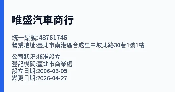 唯盛汽車商行的照片-統編 48761746(臺北市) 公司登記資料與營業項目詳細圖表