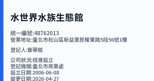 水世界水族生態館的照片-統編 48762013(臺北市) 公司登記資料與營業項目詳細圖表