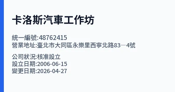 卡洛斯汽車工作坊的照片-統編 48762415(臺北市) 公司登記資料與營業項目詳細圖表