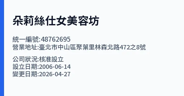 朵莉絲仕女美容坊的照片-統編 48762695(臺北市) 公司登記資料與營業項目詳細圖表