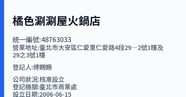 橘色涮涮屋火鍋店的照片-統編 48763033(臺北市) 公司登記資料與營業項目詳細圖表