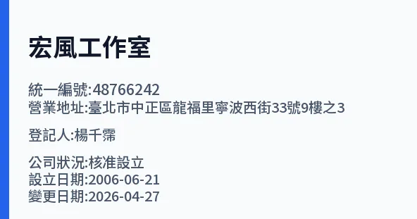 宏風工作室的照片-統編 48766242(臺北市) 公司登記資料與營業項目詳細圖表