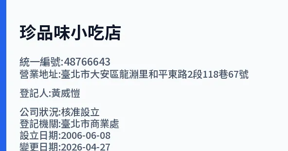 珍品味小吃店的照片-統編 48766643(臺北市) 公司登記資料與營業項目詳細圖表