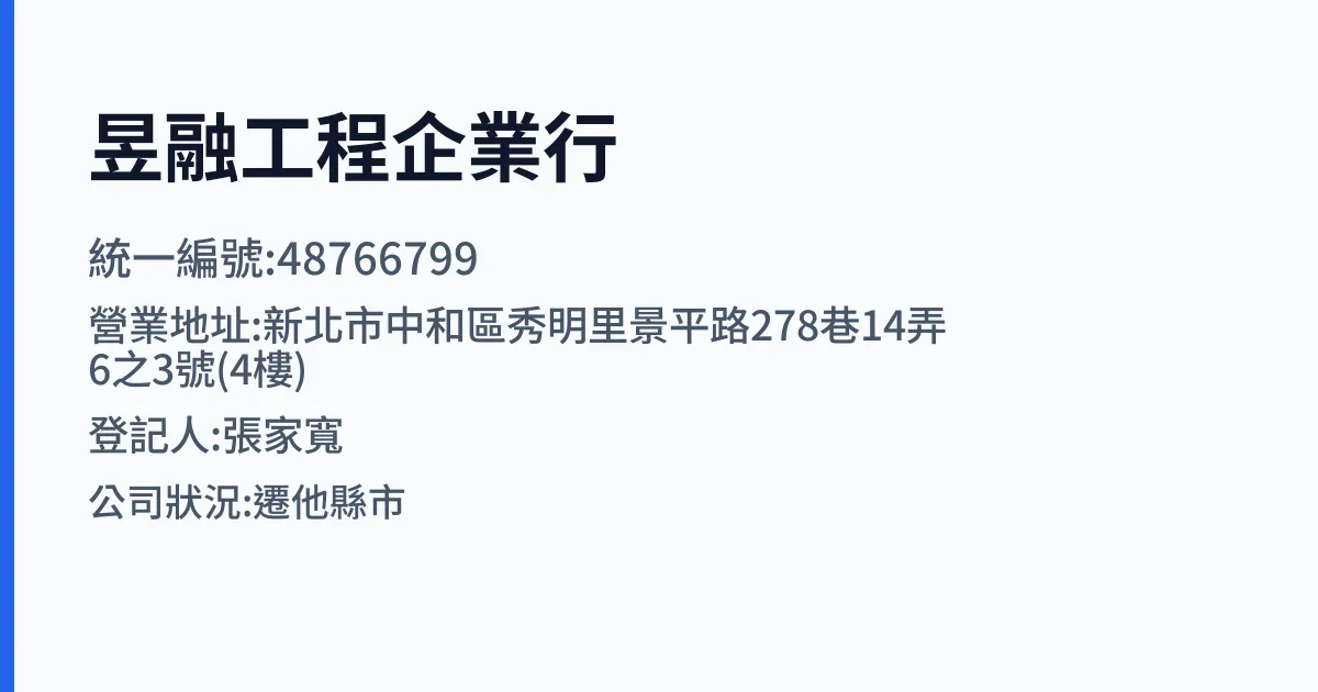 昱融工程企業行 - 統編 48766799(臺北市) 公司登記資料與營業項目詳細圖表