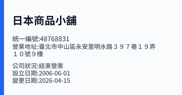 日本商品小舖的照片-統編 48768831(臺北市) 公司登記資料與營業項目詳細圖表
