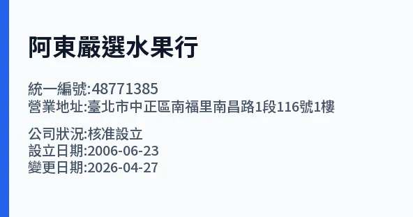 阿東嚴選水果行的照片-統編 48771385(臺北市) 公司登記資料與營業項目詳細圖表