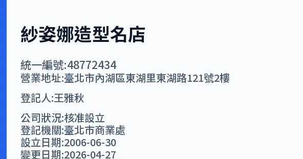 紗姿娜造型名店的照片-統編 48772434(臺北市) 公司登記資料與營業項目詳細圖表