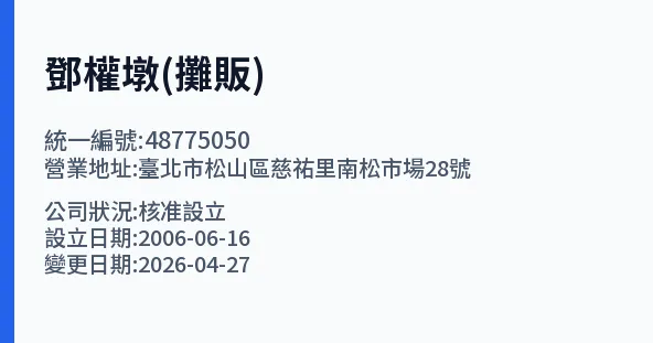 鄧權墩(攤販)的照片-統編 48775050(臺北市) 公司登記資料與營業項目詳細圖表