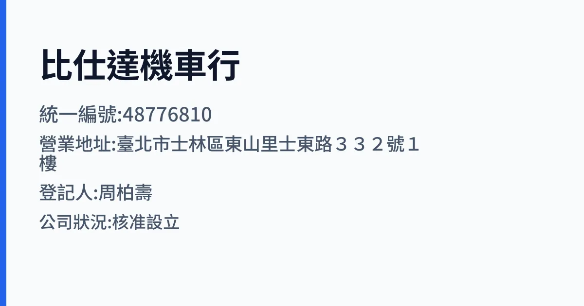 比仕達機車行 - 統編 48776810(臺北市) 公司登記資料與營業項目詳細圖表