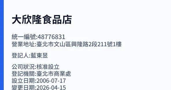 大欣隆食品店的照片-統編 48776831(臺北市) 公司登記資料與營業項目詳細圖表