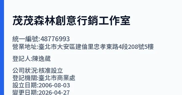 茂茂森林創意行銷工作室的照片-統編 48776993(臺北市) 公司登記資料與營業項目詳細圖表