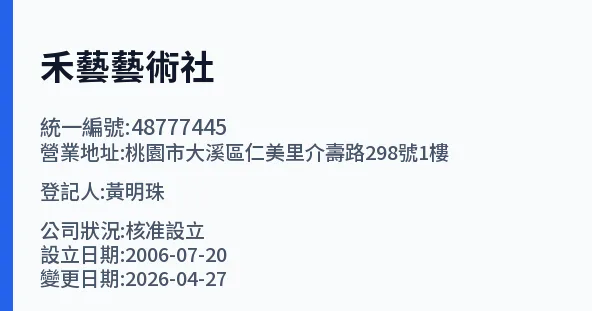 禾藝藝術社的照片-統編 48777445(桃園市) 公司登記資料與營業項目詳細圖表