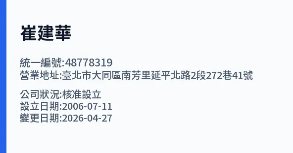 崔建華的照片-統編 48778319(臺北市) 公司登記資料與營業項目詳細圖表