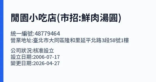 閒園小吃店(市招:鮮肉湯圓)的照片-統編 48779464(臺北市) 公司登記資料與營業項目詳細圖表
