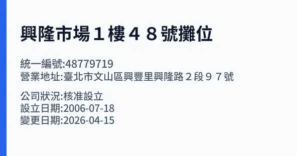 興隆市場１樓４８號攤位的照片-統編 48779719(臺北市) 公司登記資料與營業項目詳細圖表
