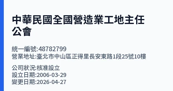 中華民國全國營造業工地主任公會的照片-統編 48782799(臺北市) 公司登記資料與營業項目詳細圖表