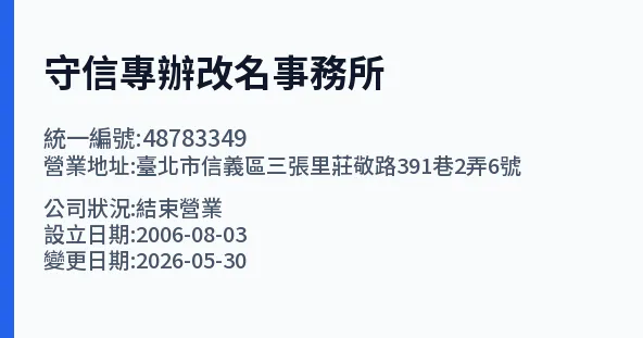 守信專辦改名事務所的照片-統編 48783349(臺北市) 公司登記資料與營業項目詳細圖表