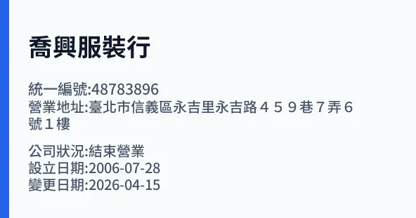 喬興服裝行的照片-統編 48783896(臺北市) 公司登記資料與營業項目詳細圖表