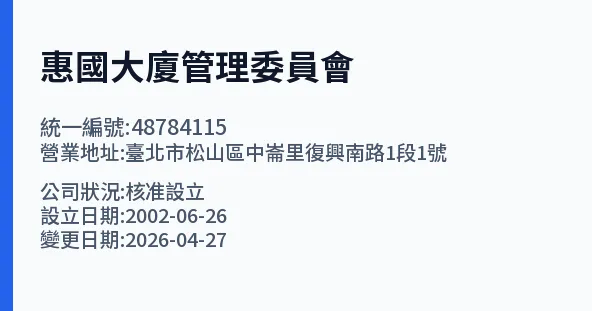 惠國大廈管理委員會的照片-統編 48784115(臺北市) 公司登記資料與營業項目詳細圖表