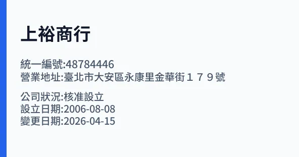 上裕商行的照片-統編 48784446(臺北市) 公司登記資料與營業項目詳細圖表