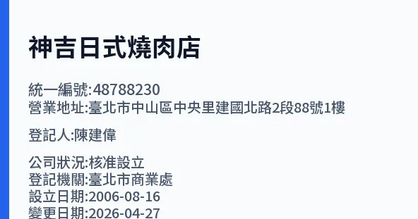 神吉日式燒肉店的照片-統編 48788230(臺北市) 公司登記資料與營業項目詳細圖表