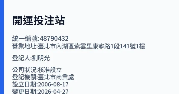 開運投注站的照片-統編 48790432(臺北市) 公司登記資料與營業項目詳細圖表