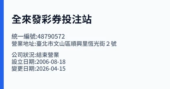 全來發彩券投注站的照片-統編 48790572(臺北市) 公司登記資料與營業項目詳細圖表